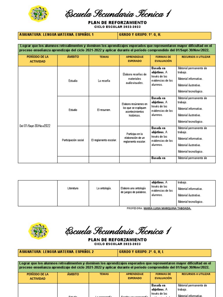 Plan de Reforzamiento. María Luisa Marquina Taboada. Español 2022-2023. Turno Vespertino | PDF