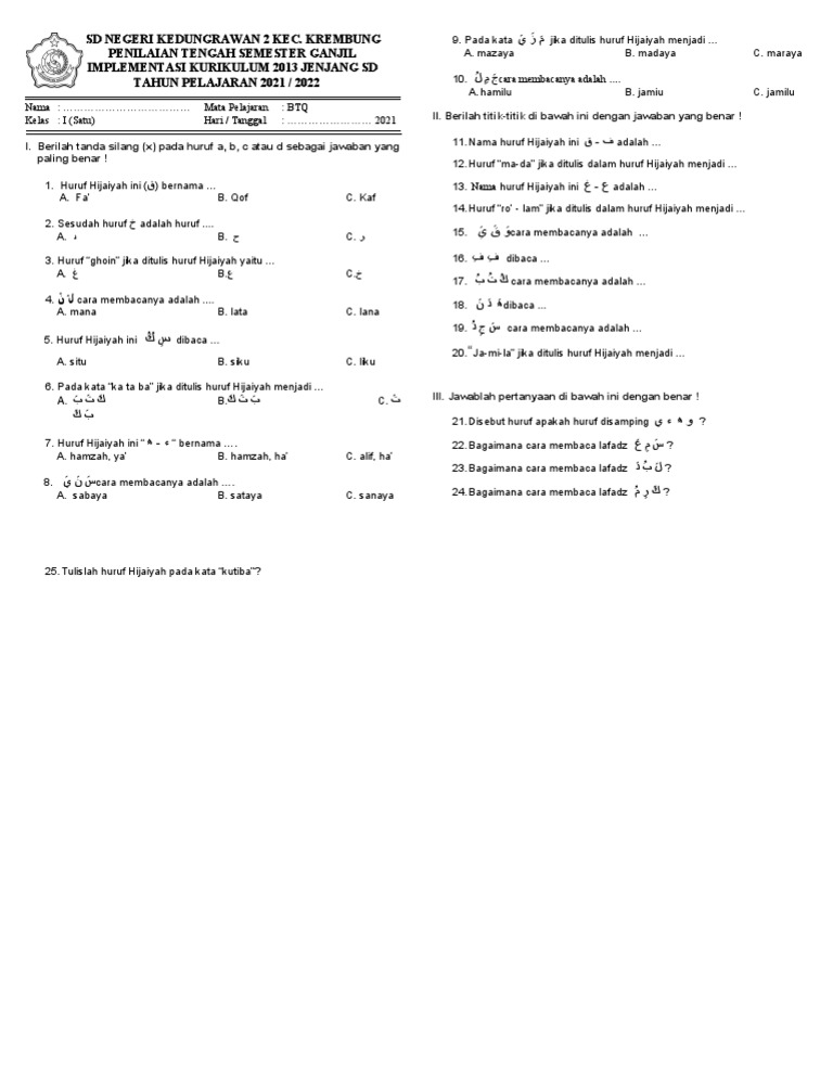 Soal PTS Ganjil KLS 1 BTQ | PDF