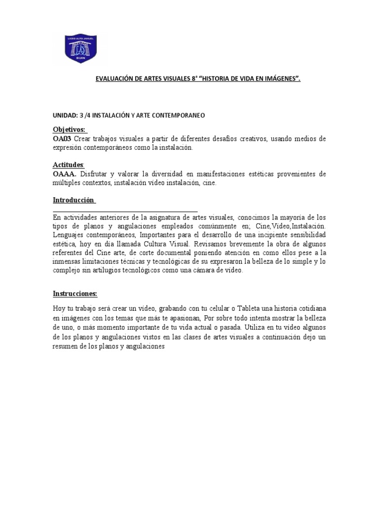 Arte 8°evaluación Prueba, Historia de Vida en Video | PDF | Las artes