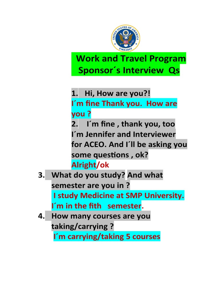 Work and Travel SPONSOR Interview | PDF