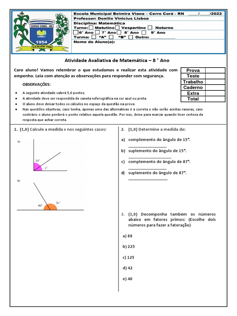 Prova - 8° Ano | PDF
