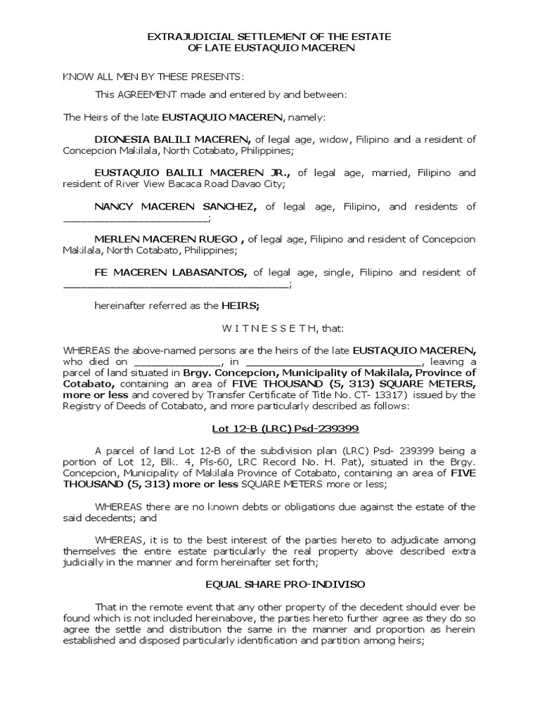 Heirs' Estate Settlement Agreement | PDF | Land Law | Civil Law (Common Law)