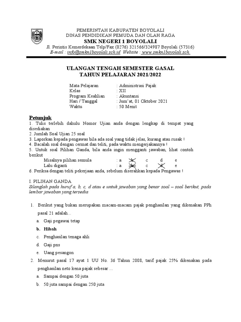 Soal PTS Adm Pajak Kelas Xii Sem Gasal | PDF