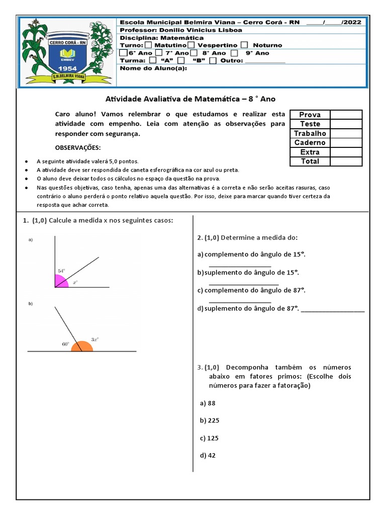 Prova - 8° Ano | PDF | Número real | Matemática