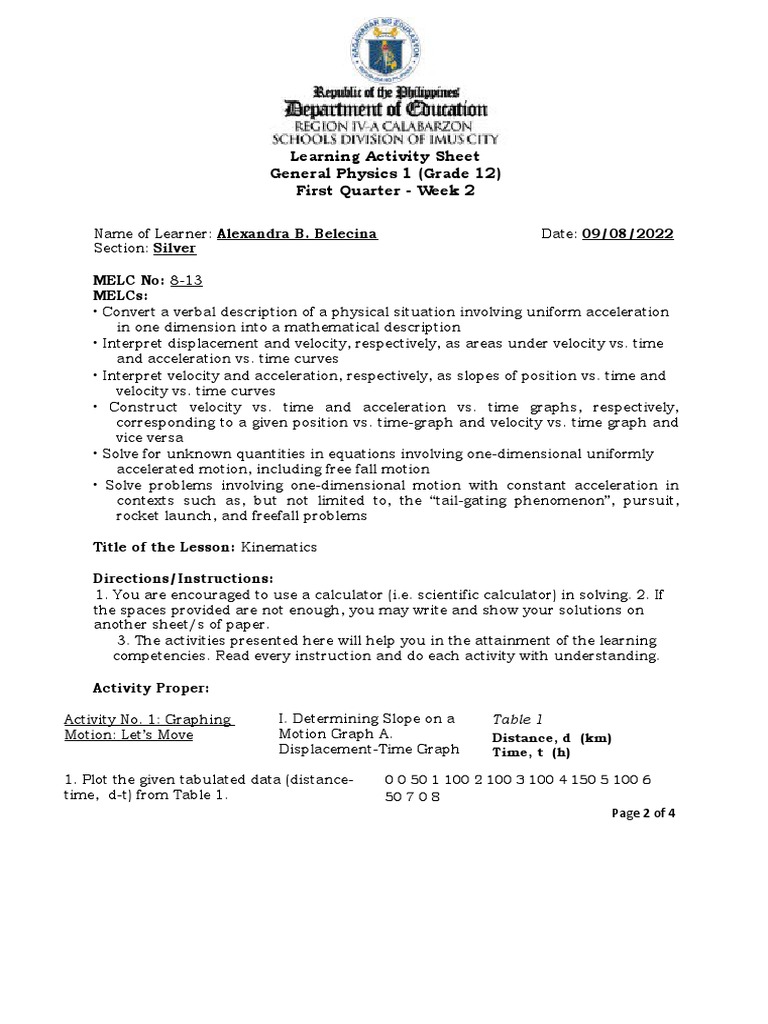Gen. Physics 1 G12 Q1 W2 LAS | PDF