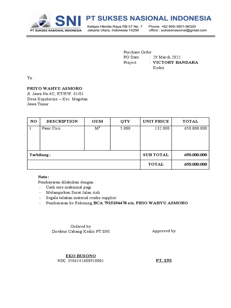 Purchase Order PT SNI 2 | PDF