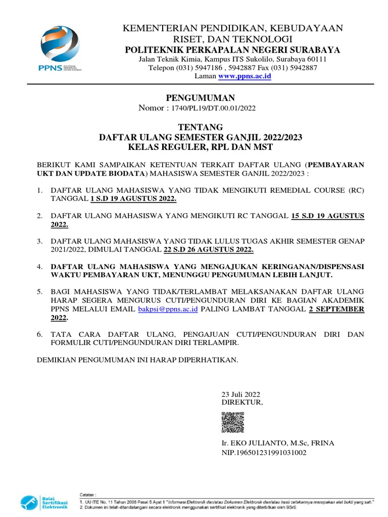 Pengumuman Daftar Ulang Semester Ganjil 2022-2023 | PDF