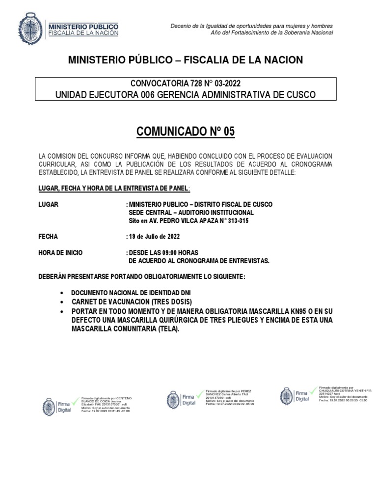 Comunicado #05: Ministerio Público - Fiscalia de La Nacion Unidad Ejecutora 006 Gerencia ...