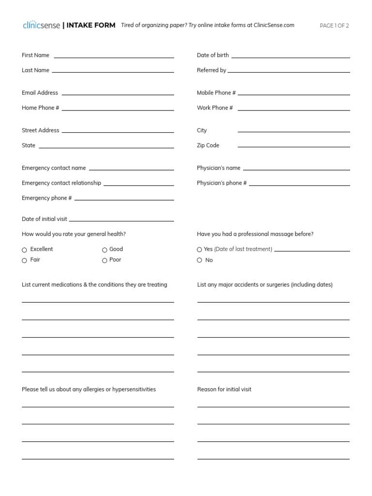 INTAKE FORM MASSAGE English | PDF