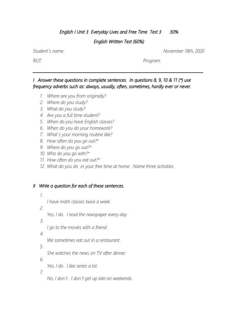 English I Unit 3 Written Test | PDF