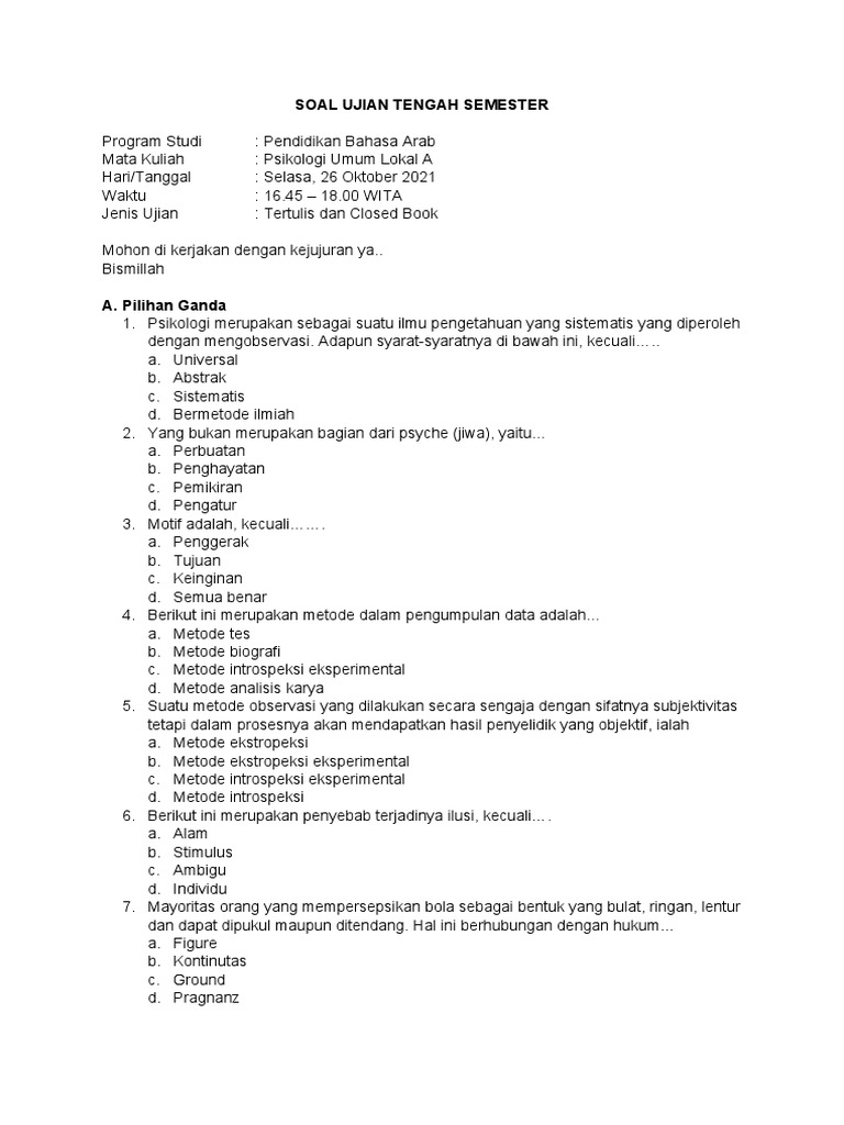 Uts Psikologi Umum Pba A | PDF