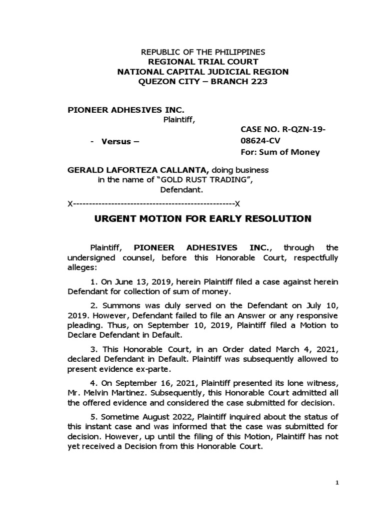 Motion For Early Resolution - Pioneer Vs Goldrust | PDF | Justice ...