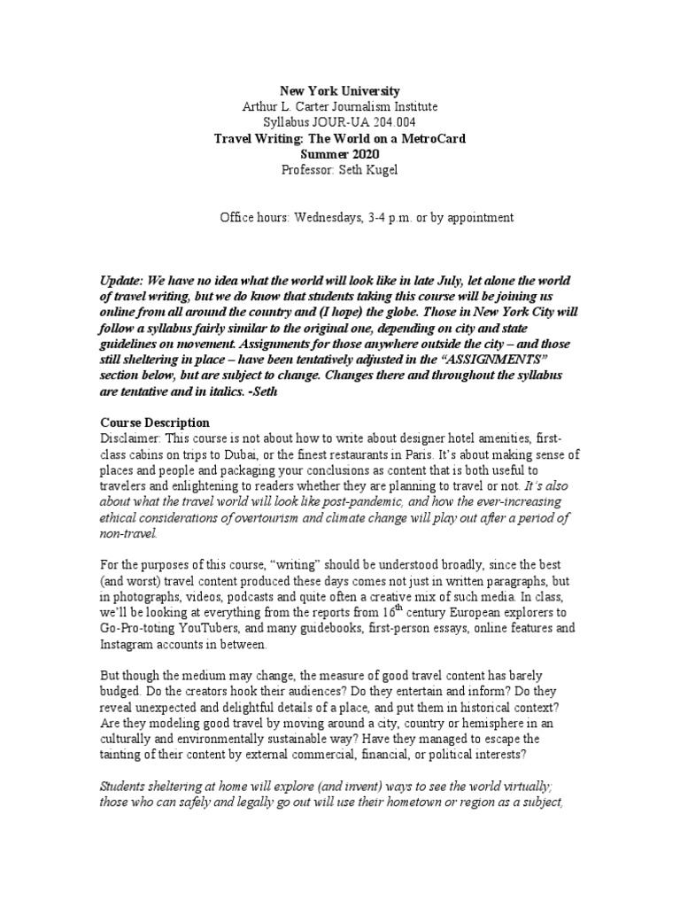 2020 Summer Syllabus Travel Writing Seth Kugel | PDF | Journalism ...