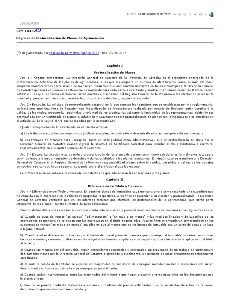 Ley 10432 Regimen de Protocolizacion de Planos de Agrimensura | Descargar gratis PDF | Derecho ...