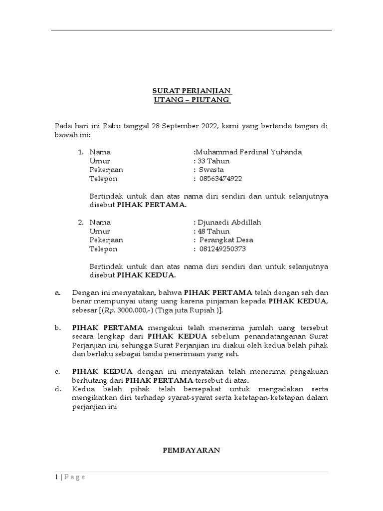 Contoh Surat Perjanjian Utang Piutang FH UII | PDF