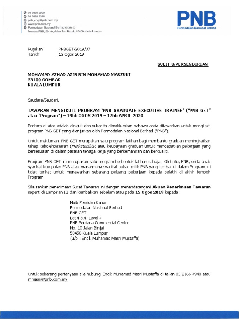 PNB GET Offer Letter Batch 37 2019 | PDF