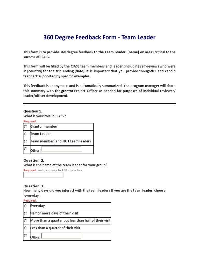 Team Leader 360 Feedback Form | PDF | Leadership | Strategic Planning