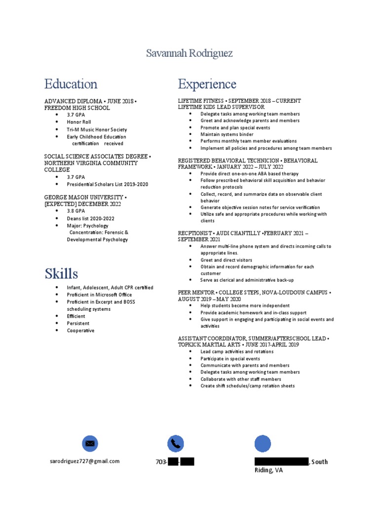 Resume - Savannah Rodriguez | PDF | Behavioural Sciences | Psychology