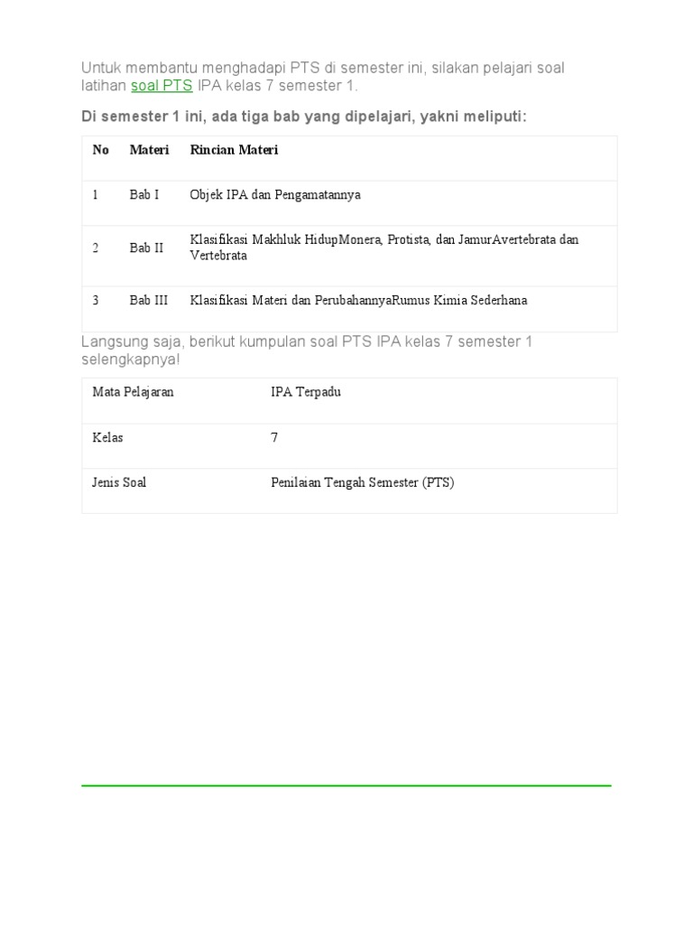 Kunci Jawaban Soal PTS SMTR 1 IPA KLS 7 | PDF