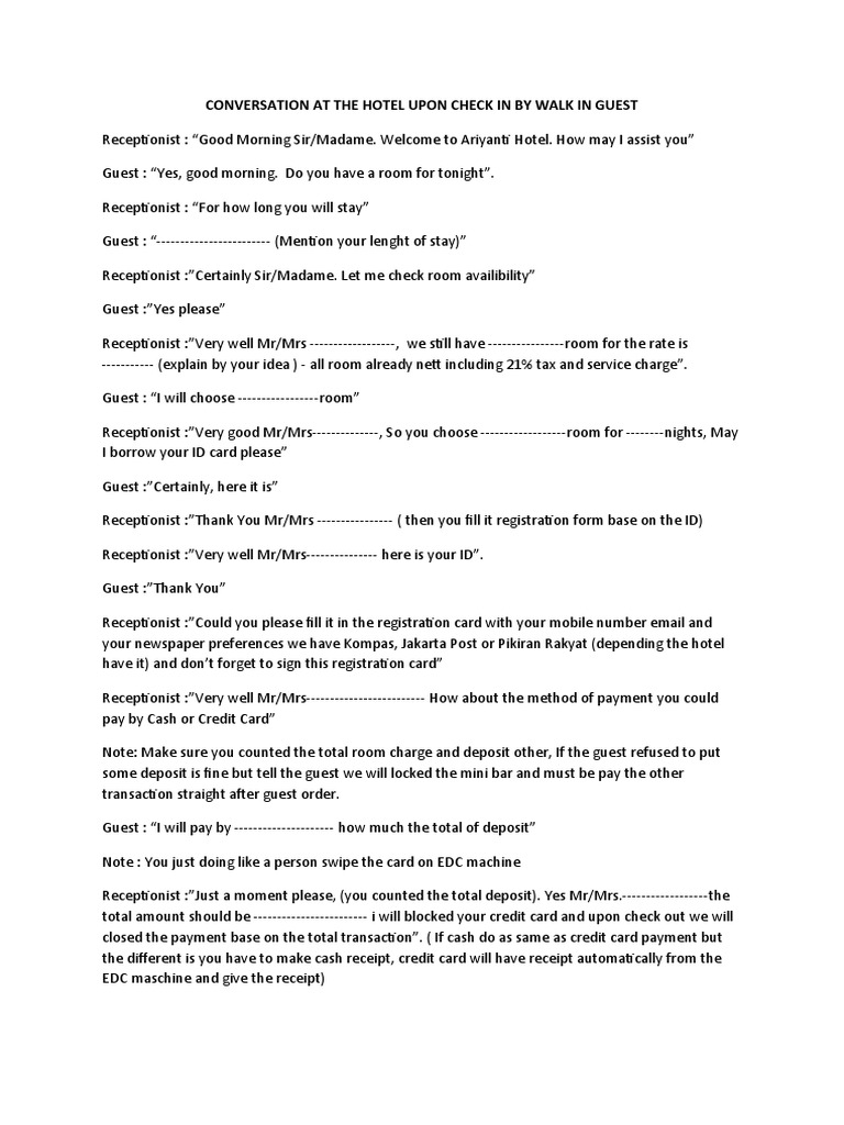 Conversation at The Hotel Upon Check in by Walk in Guest | PDF ...