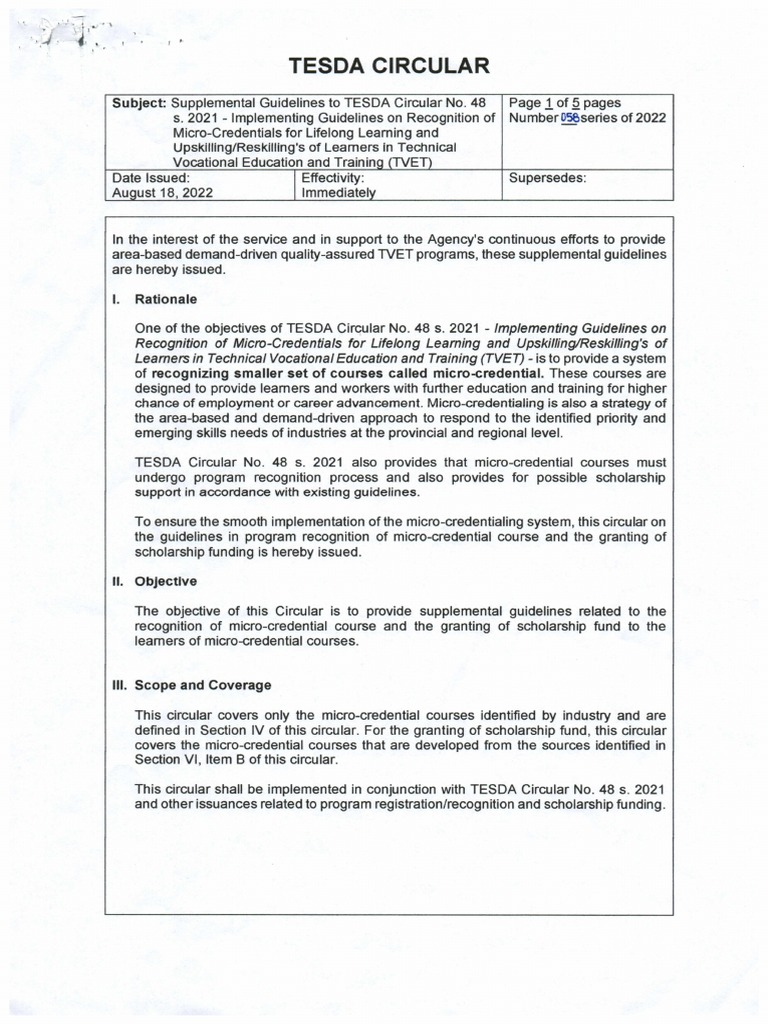 TESDA Circular No. 058-2022 | PDF