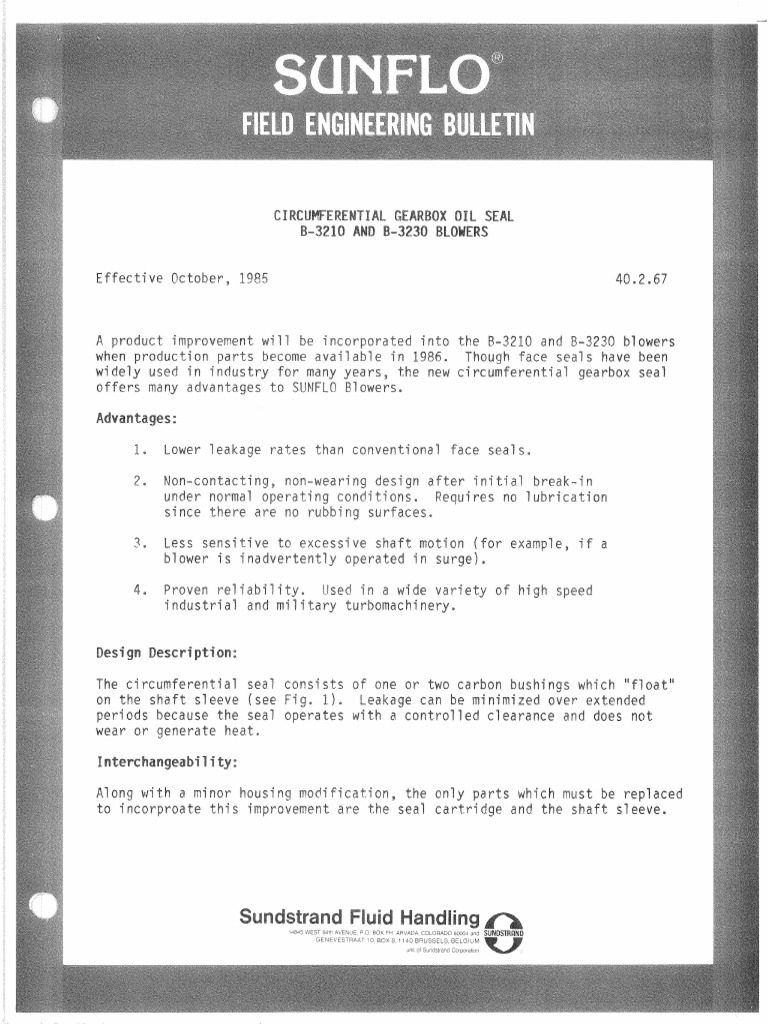 Blower Gearbox Oil Seal b3210 b3230 40-2-67 Field Engineering Bulletin ...