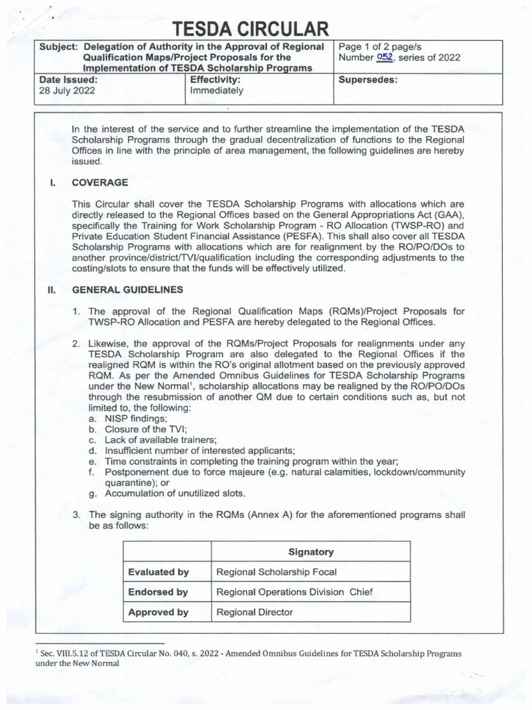 TESDA Circular No. 052-2022 | PDF