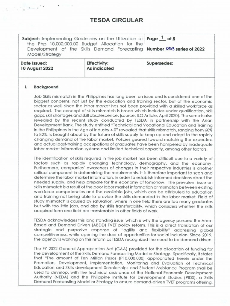 TESDA Circular No. 053-2022 | PDF