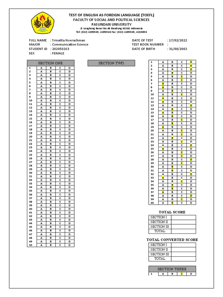 TOEFL Exam Sheet: Trinalita Noerachman | PDF | Test Of English As A ...