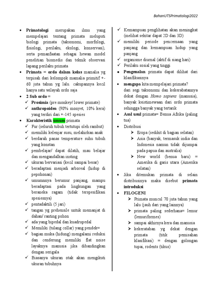 Catatan Bahan UTS Primatologi | PDF | Kajian Bahasa Asing | Griya & Taman