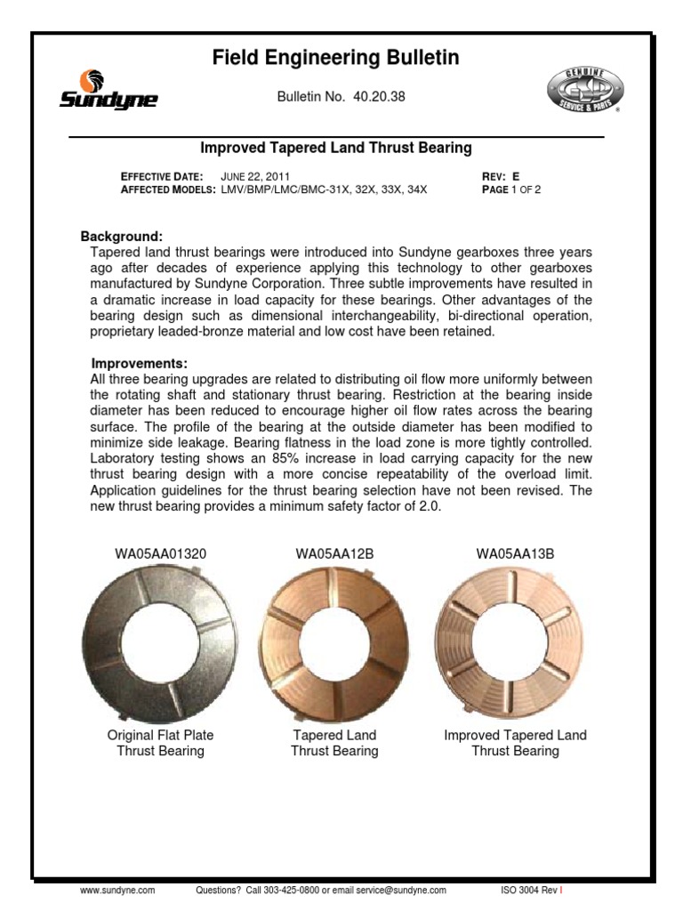 Improved Tapered Land Thrust Bearing 40-20-38 Field Engineering ...