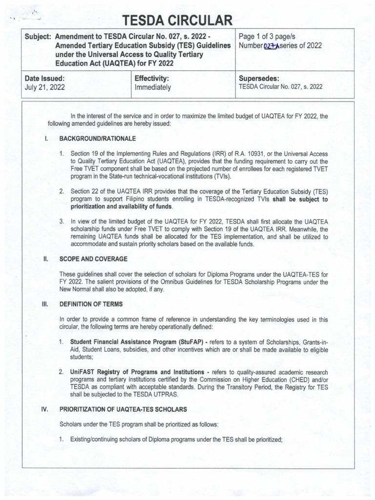 TESDA Circular No. 027-A-2022 | PDF | Government