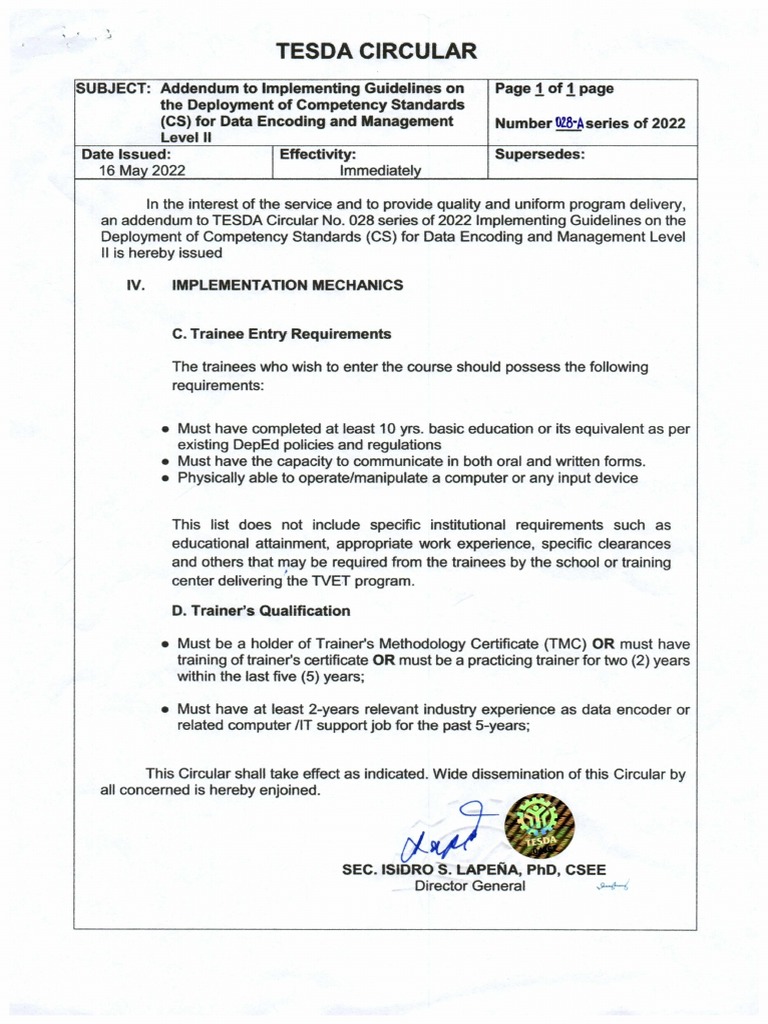 TESDA Circular No. 028-A-2022 | PDF