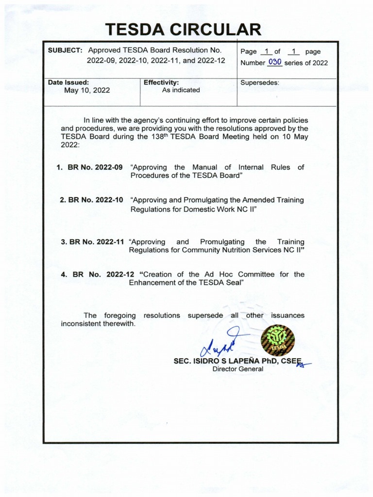 TESDA Circular No. 030-2022 | PDF