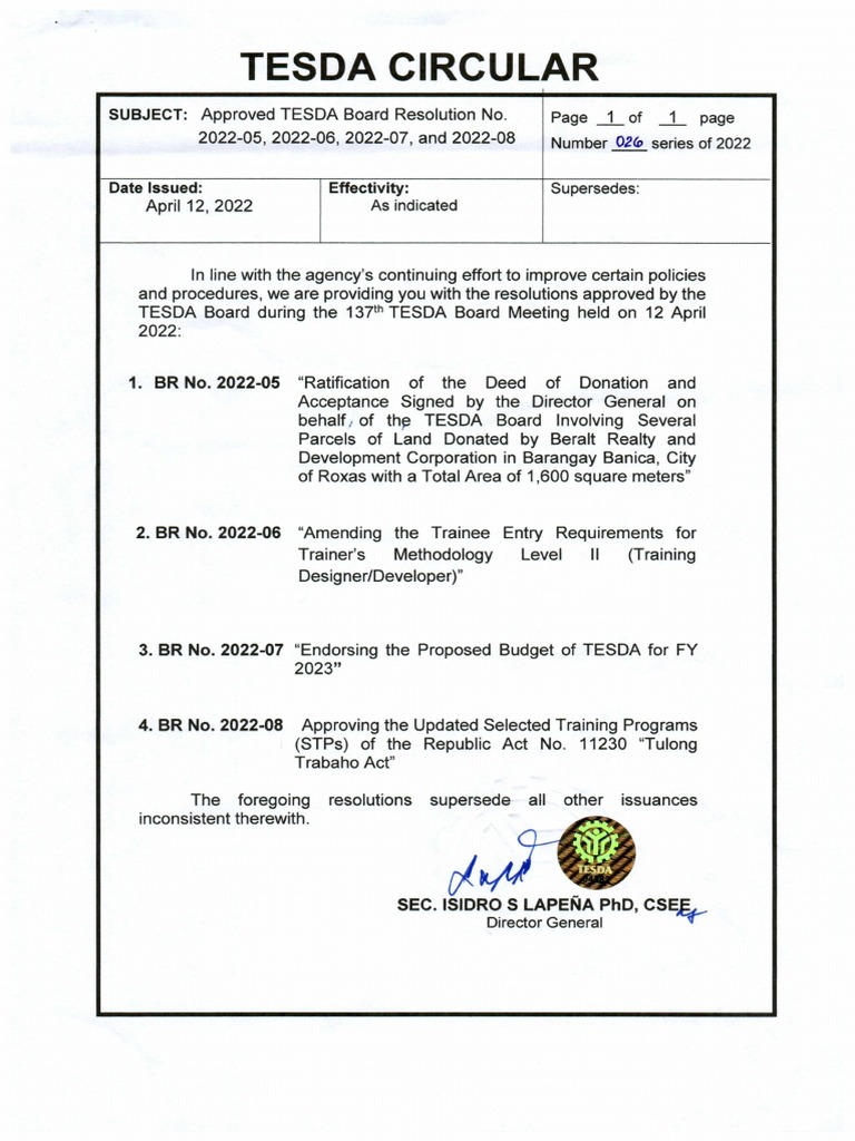 TESDA Board Resolutions April 2022 | PDF | Economies | Business