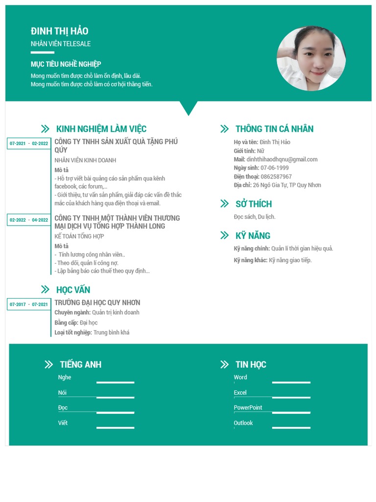 Dinh Thi Hao CV Vieclam24h VN 165215279128 | PDF