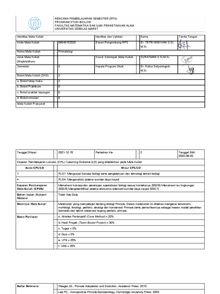 Rencana Pembelajaran Primatologi UNS | PDF