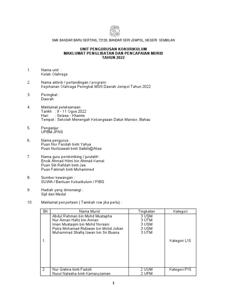 2022 Laporan Penglibatan Merentas Desa MSS Daerah Jempol | PDF