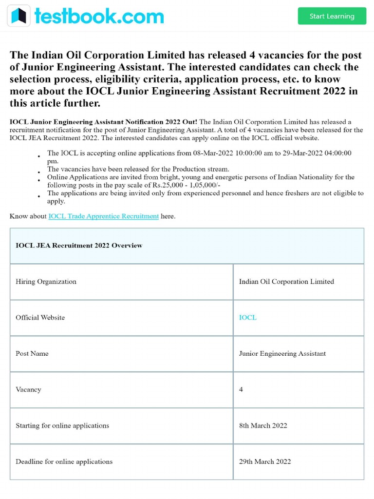 IOCL Junior Engineering Assistant Recruitment 2022exam Info | PDF