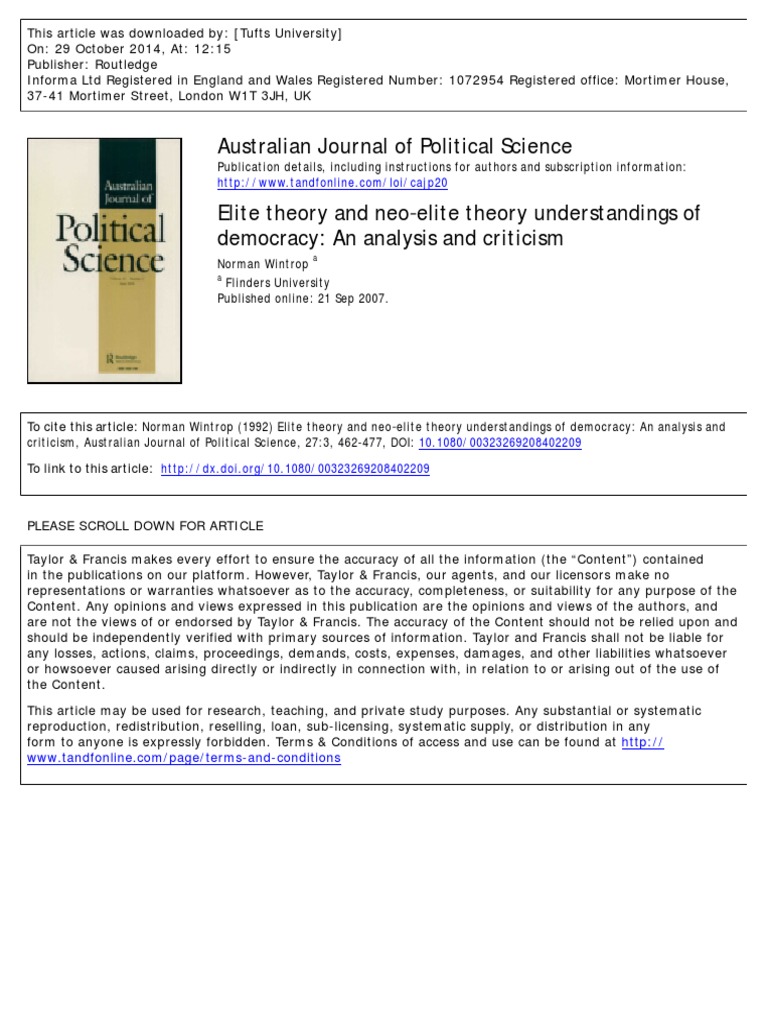 Elite Theory and Neo-Elite Theory Understanding of Democracy | PDF