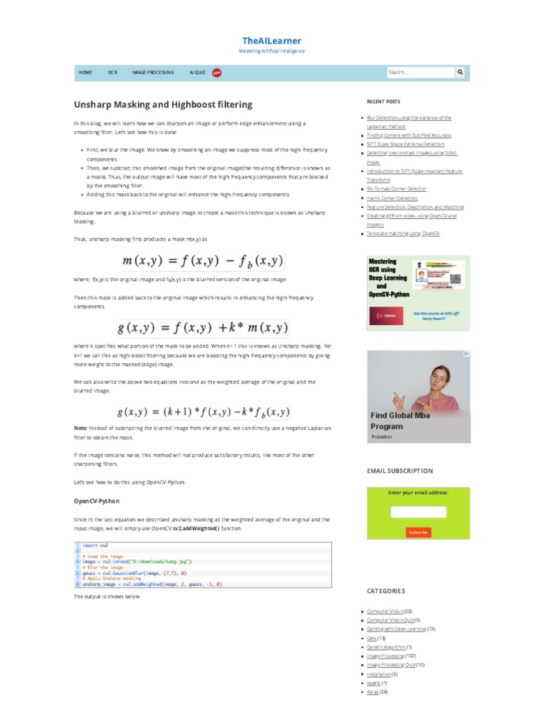 Unsharp Masking and Highboost Filtering | PDF