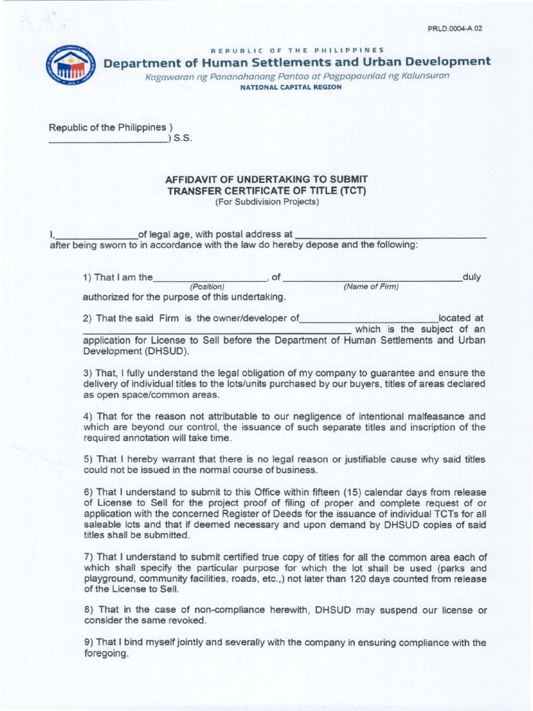 Affidavit of Undertaking To Submit Transfer Certificate of Title (TCT ...