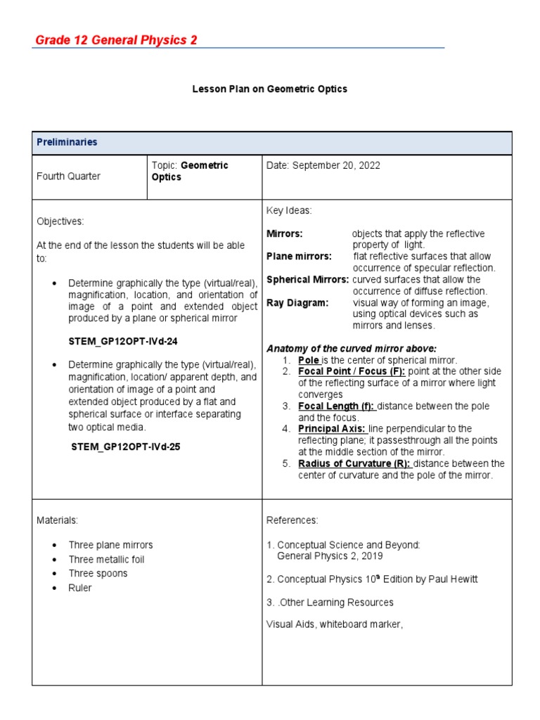Grade 12 Physics Lesson on Geometric Optics | PDF