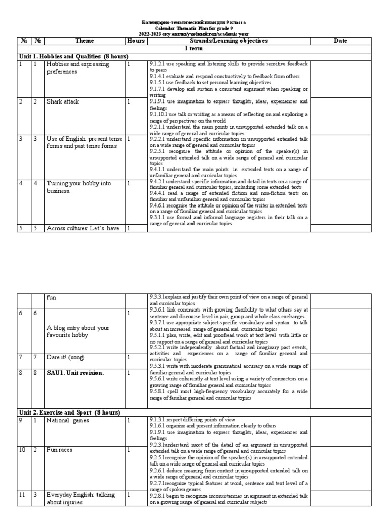9th Grade Thematic Calendar Plan 2022-2023 | PDF | Curriculum | English ...