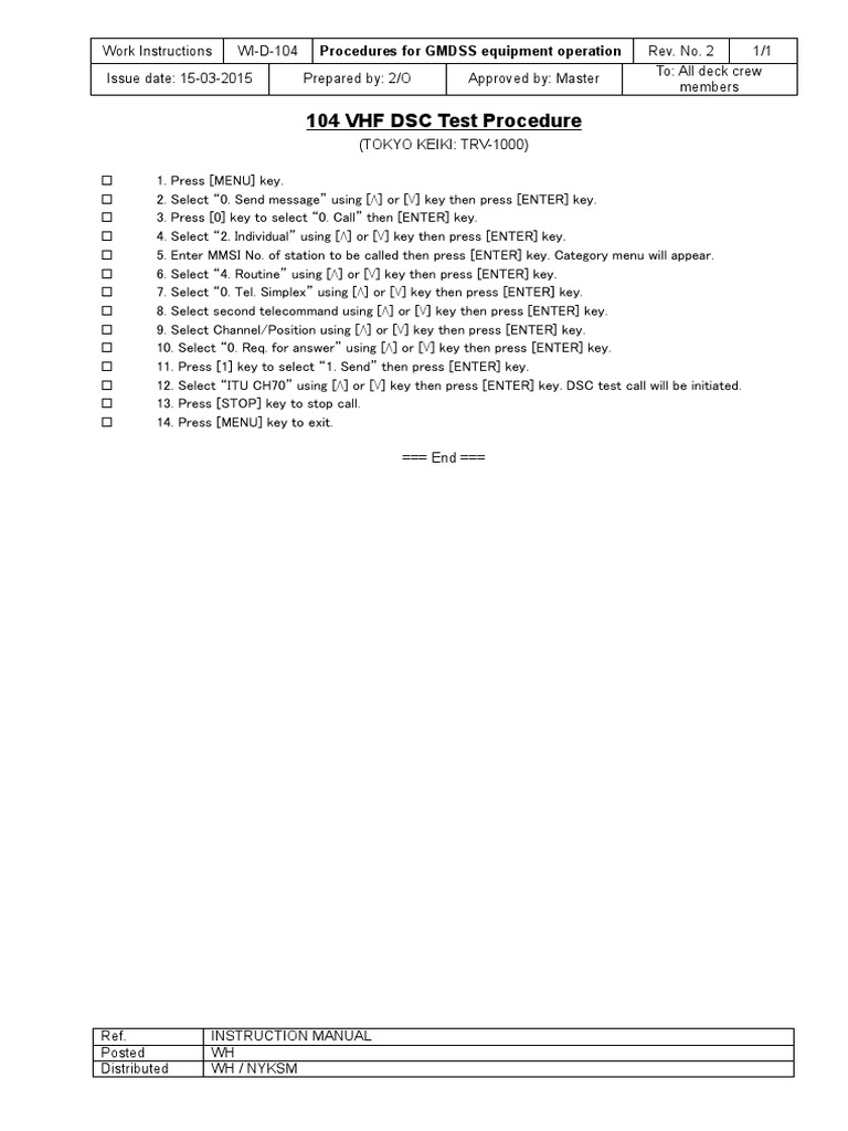 VHF DSC Test Procedure (TRV-1000 Tokyo Keiki) - WI | PDF