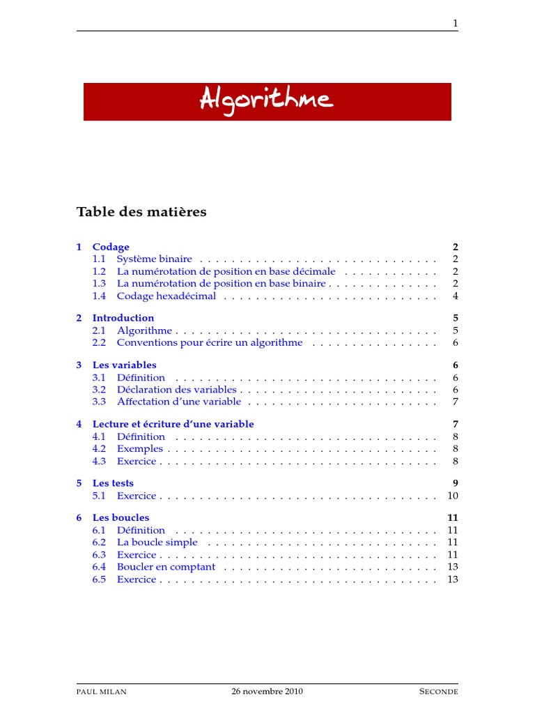 Algorithme. Table Des Matières 01 | PDF