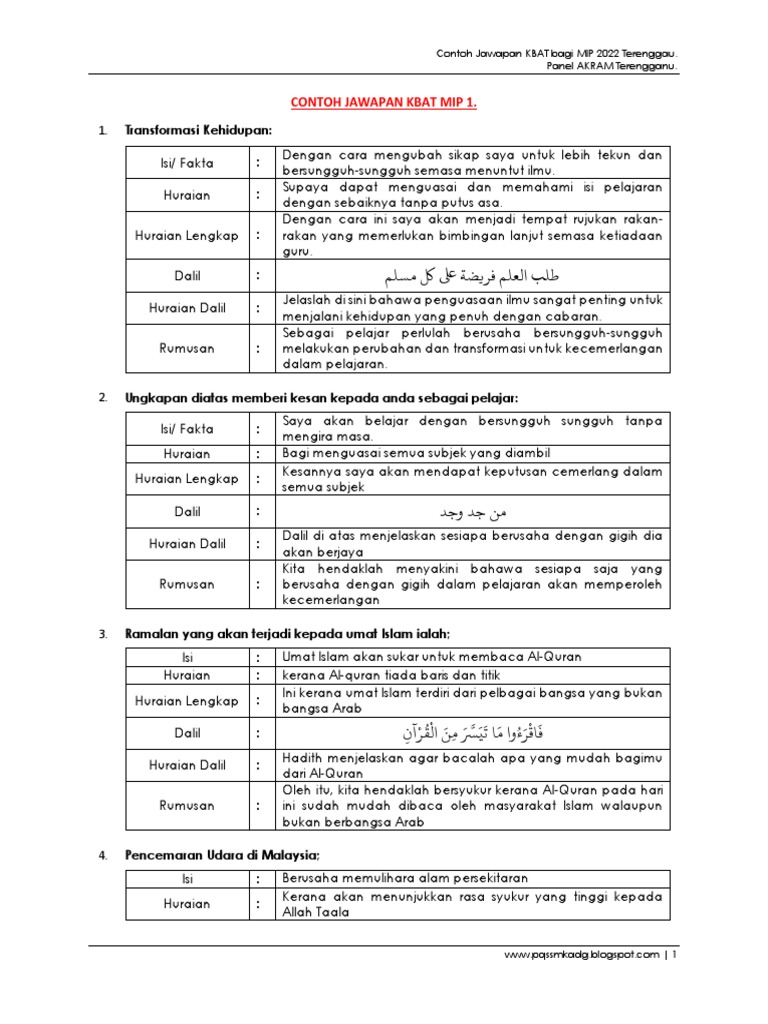 Contoh Jawapan Kbat Pqs Mip 2022 | PDF | Kajian Bahasa Asing
