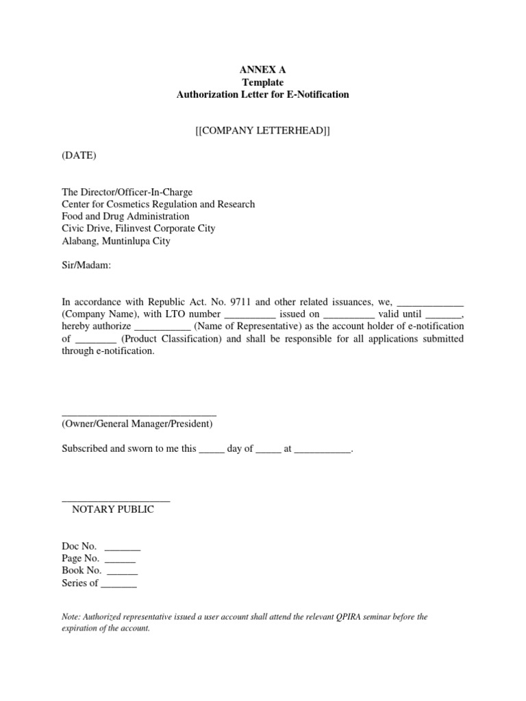 ANNEX A - Template Authorization Letter For E-Notification | PDF