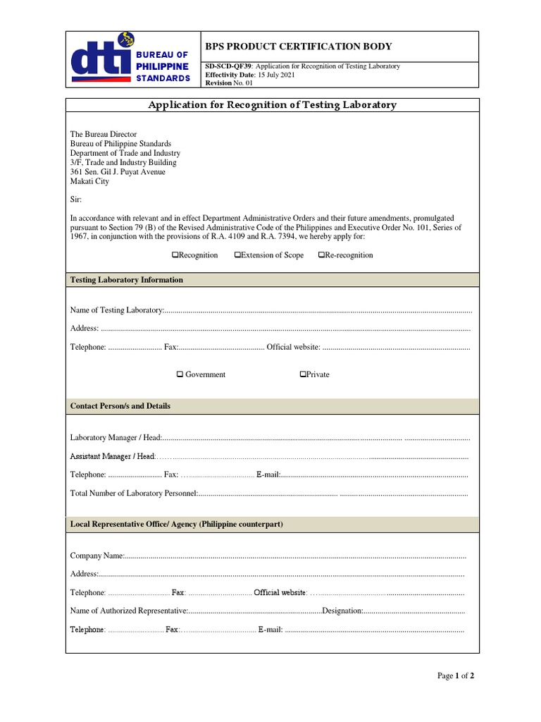 SD-SCD-QF39 Application For Recognition of Testing Laboratoryrev.1 | PDF