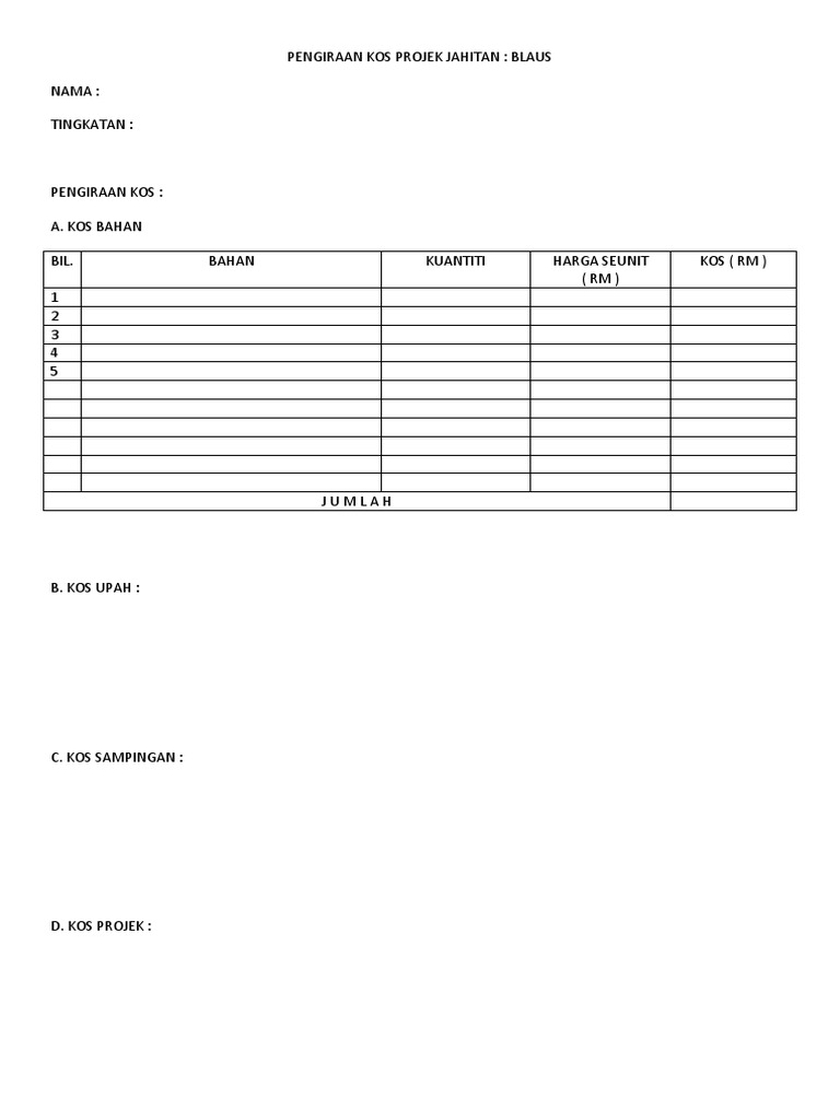 Pengiraan Kos Projek Jahitan | PDF